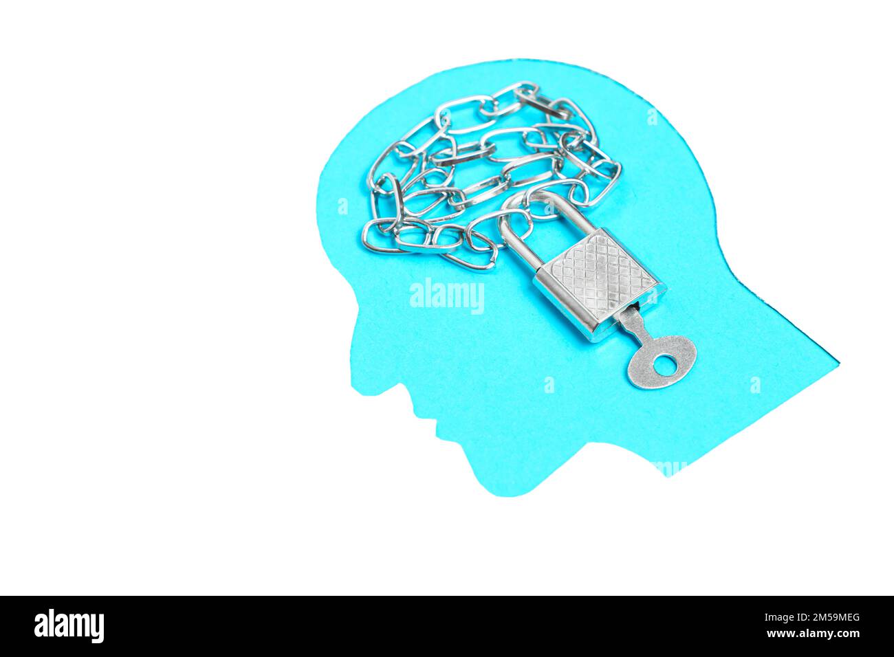 Blue male head profile shape with keyed padlock and chain isolated on ...
