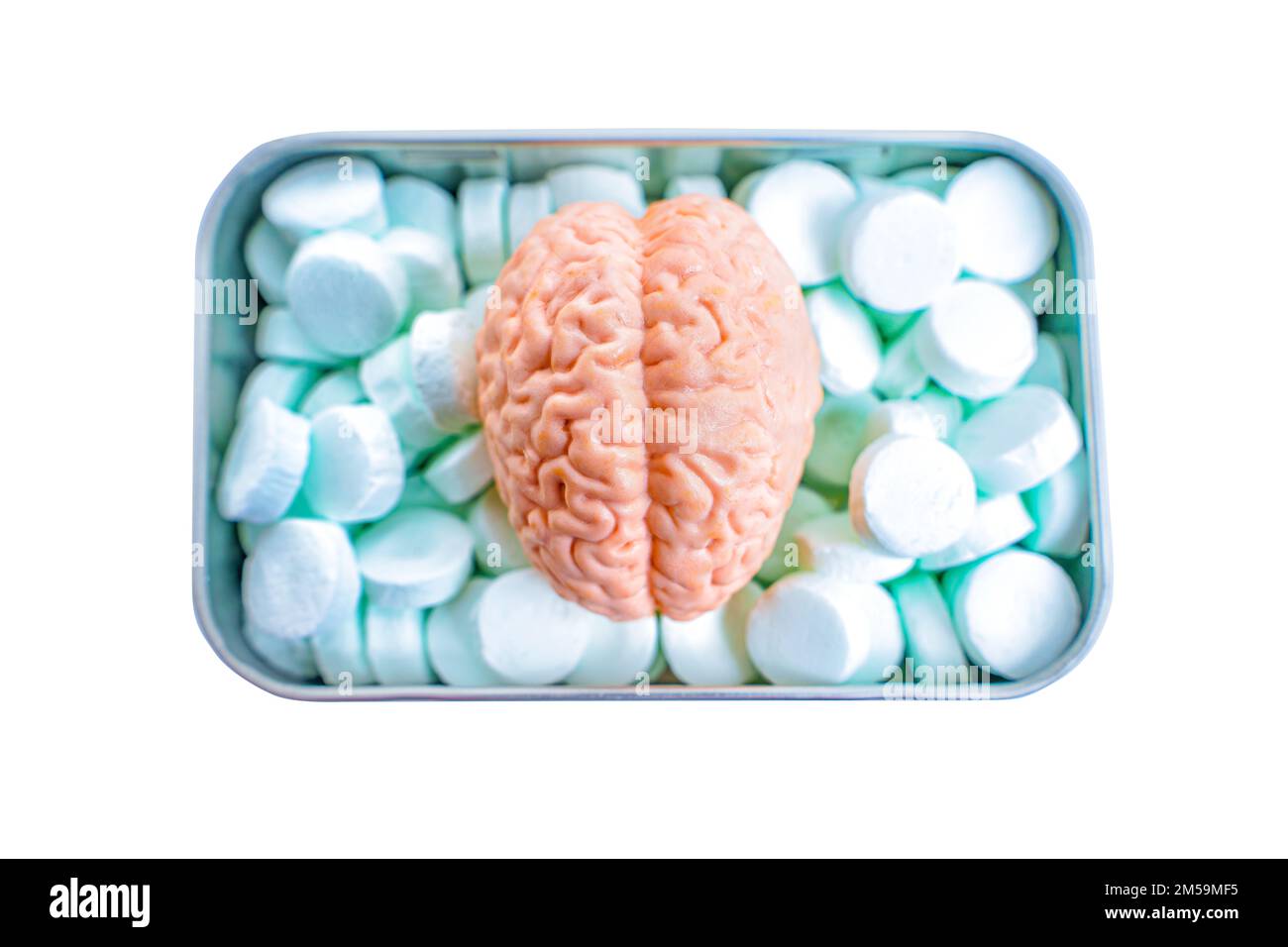 Box of breath mints and human brain isolated on white. Creative fresh ...