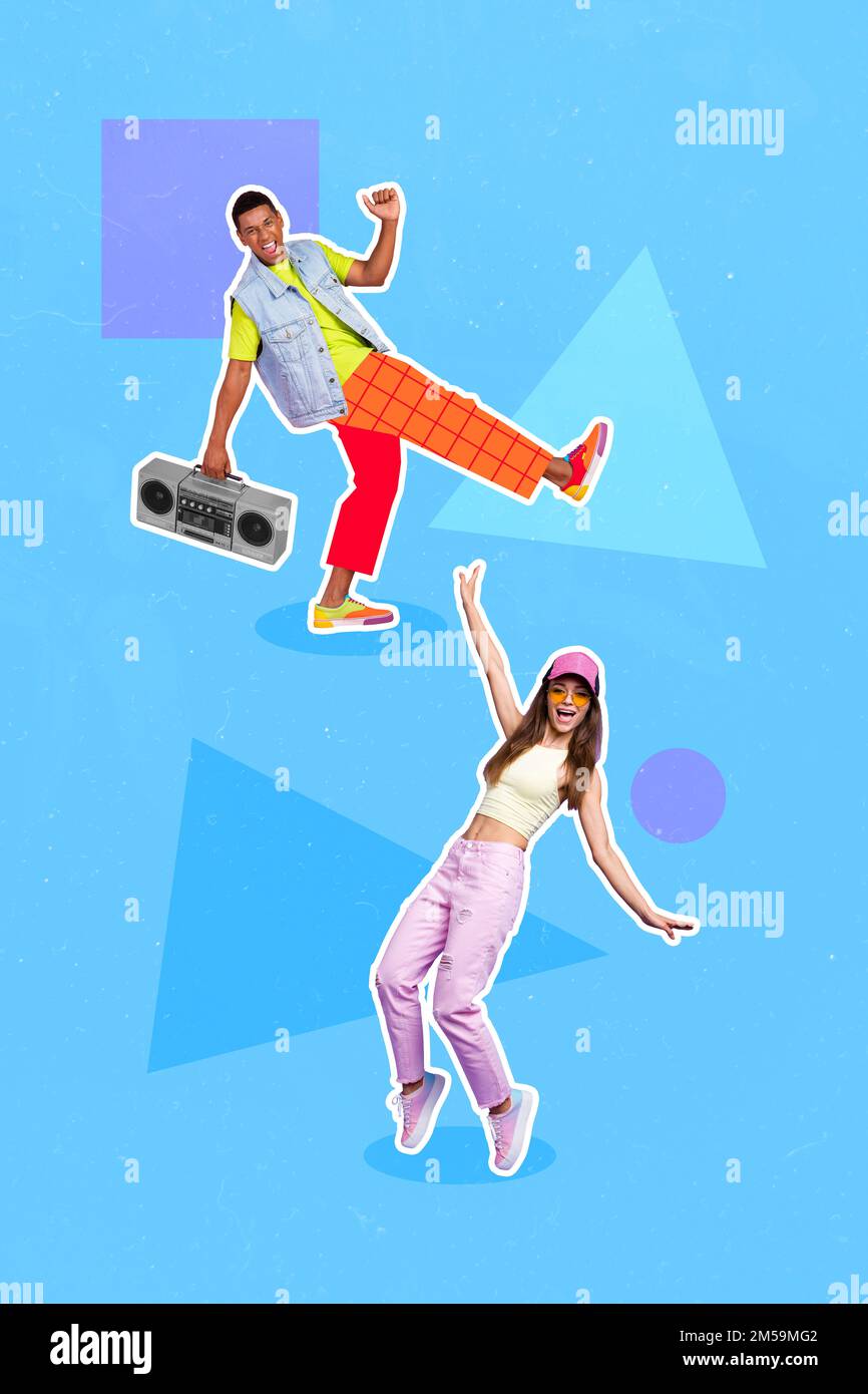 Vertical collage picture of two positive cheerful people dancing listen ...