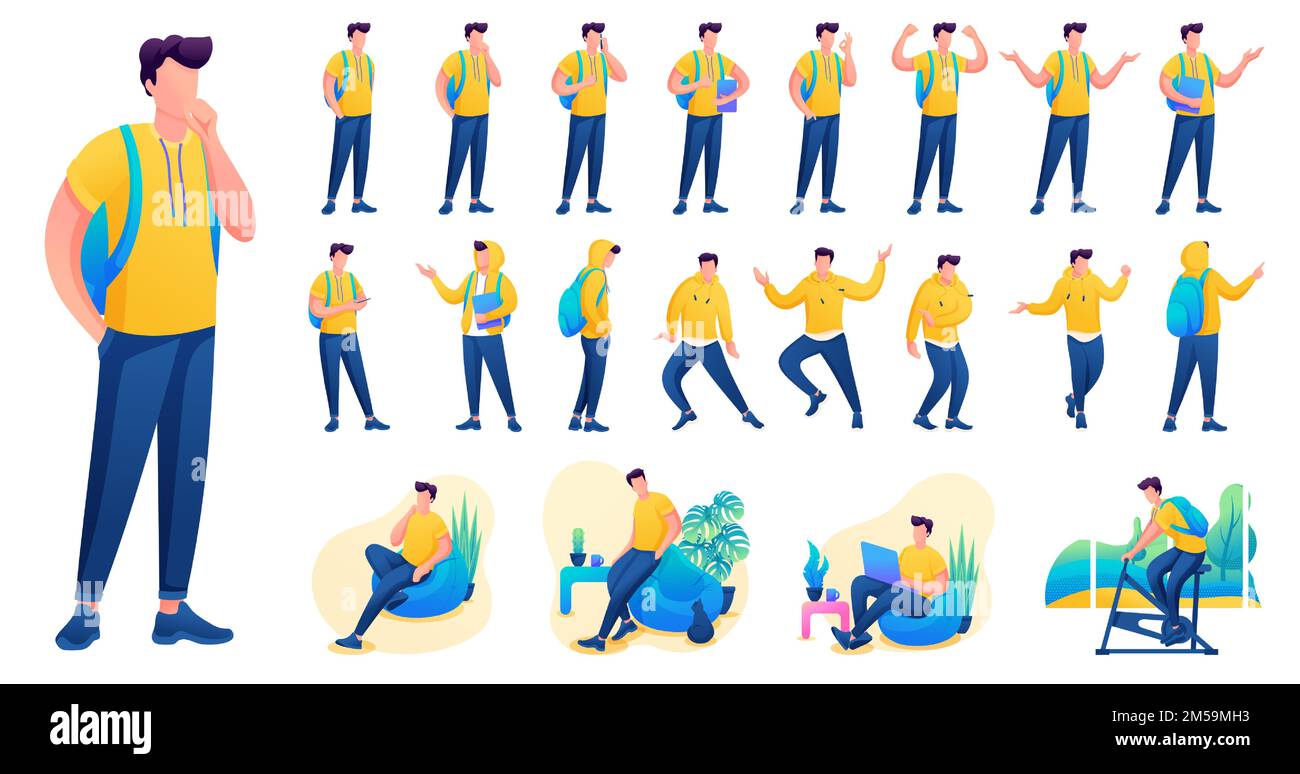 Presentation in various poses and actions character. Young Men. 2D Flat ...