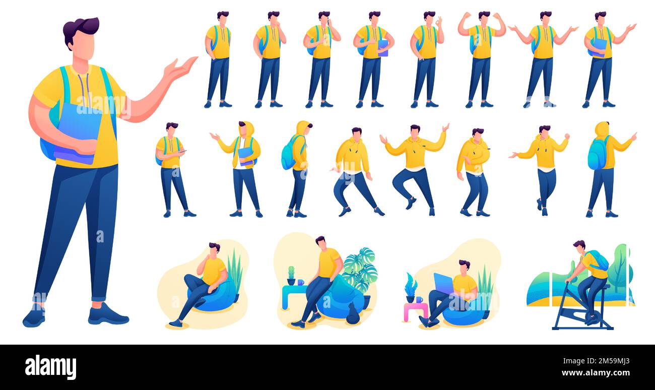 Presentation in various poses and actions character. Young Men. 2D Flat ...