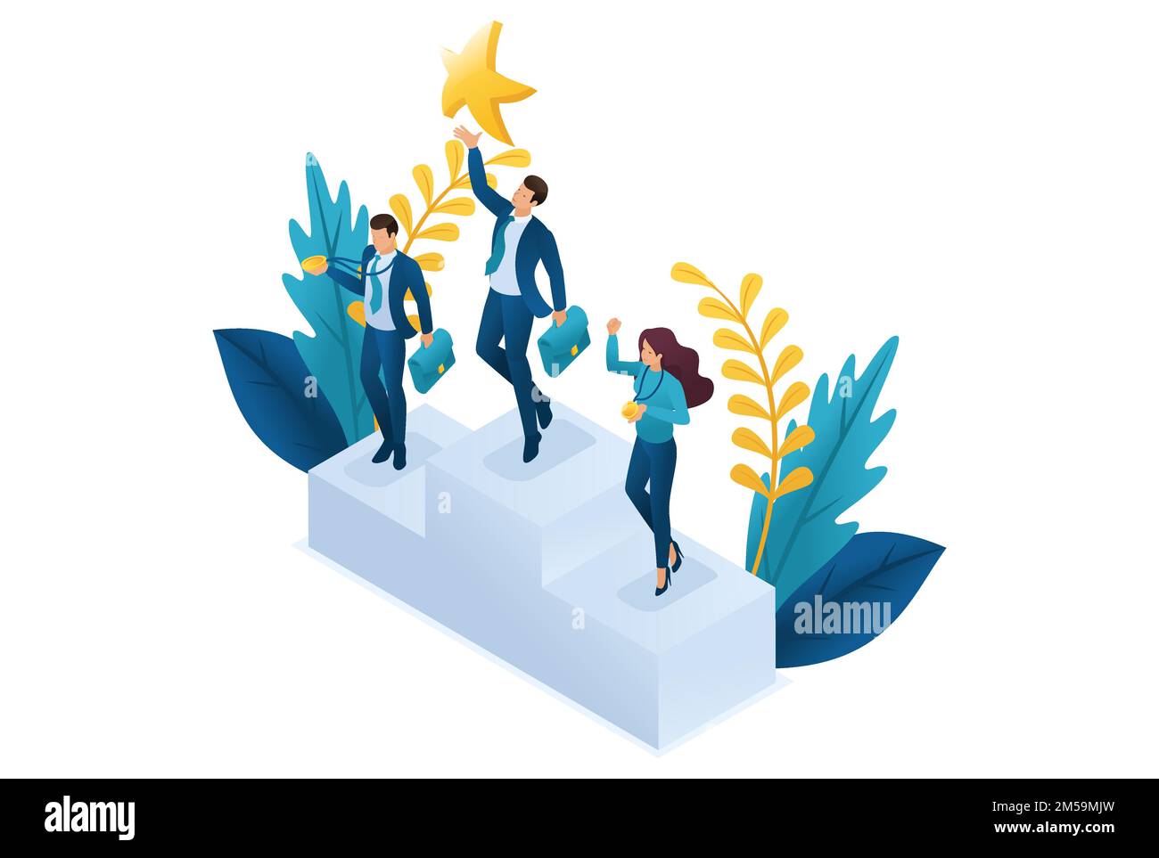 Isometric businessman reaching for a dream, achieving goals, winning ...