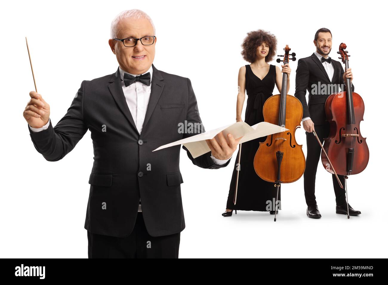 Male conductor and artists posing with cellos isolated on white ...