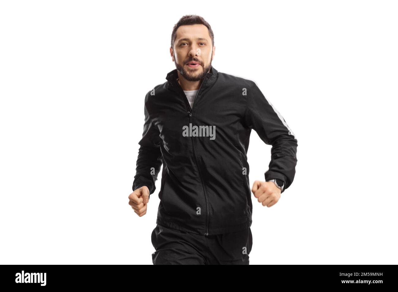 Man in black tracksuit running isolated on white background Stock Photo ...