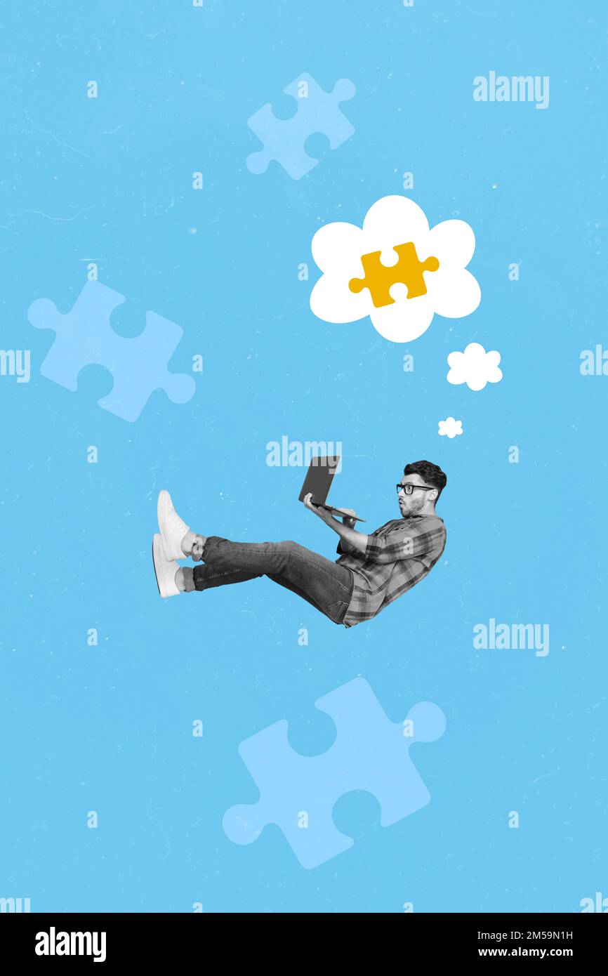 Artwork magazine collage picture of puzzled guy solving puzzle apple ...