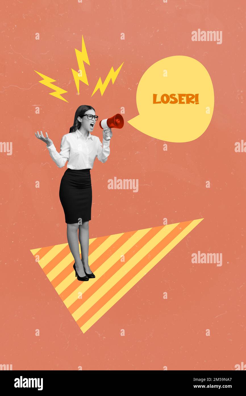 Collage 3d image of pinup pop retro sketch of aggressive lady boss ...