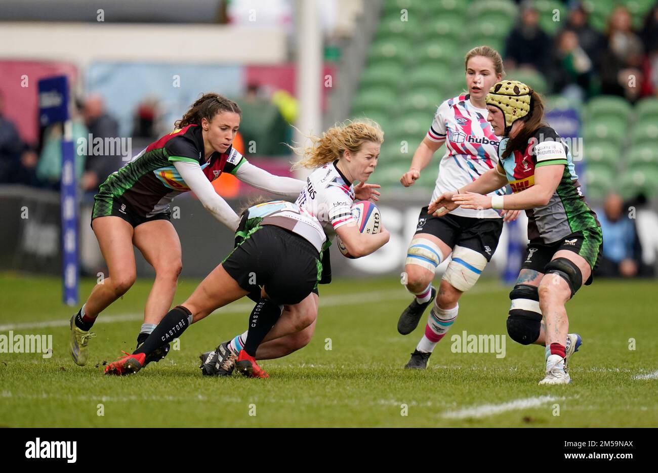 Bristols Bears' Grace White (3rd right) is tackled by Harlequins' Emily ...