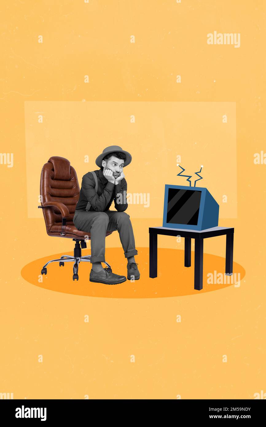 Photo artwork minimal collage picture of funny upset guy watching ...