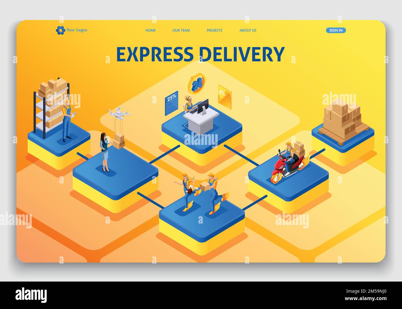 Website template design. Isometric concept working Express delivery ...