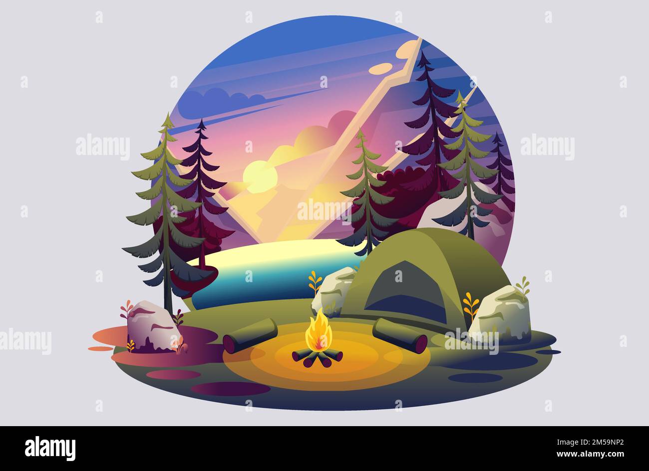 Bright illustration of a campsite, a tent with a fire on the background ...