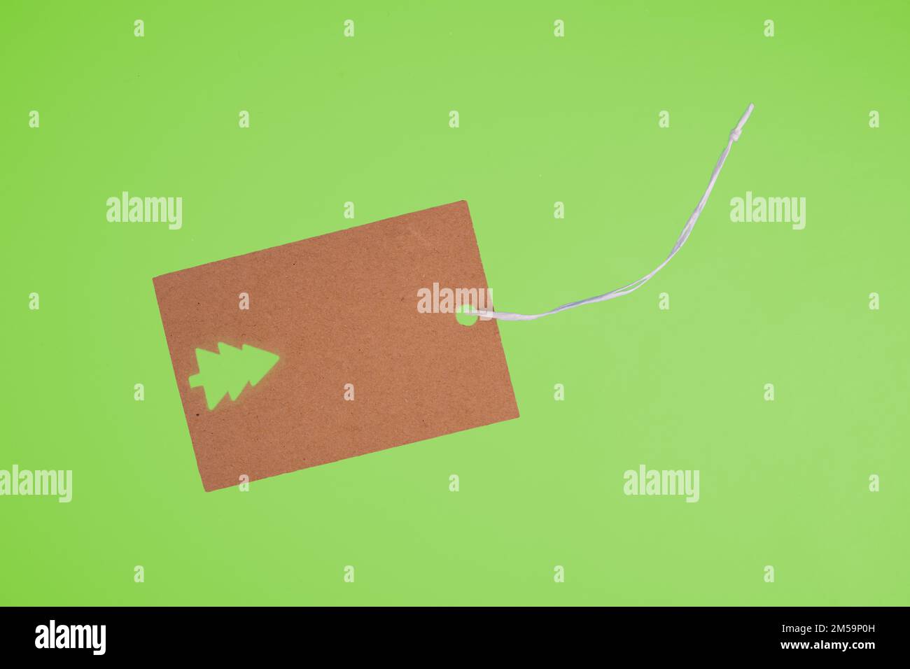 christmas tree blank gift label with string isolated on a lime green ...