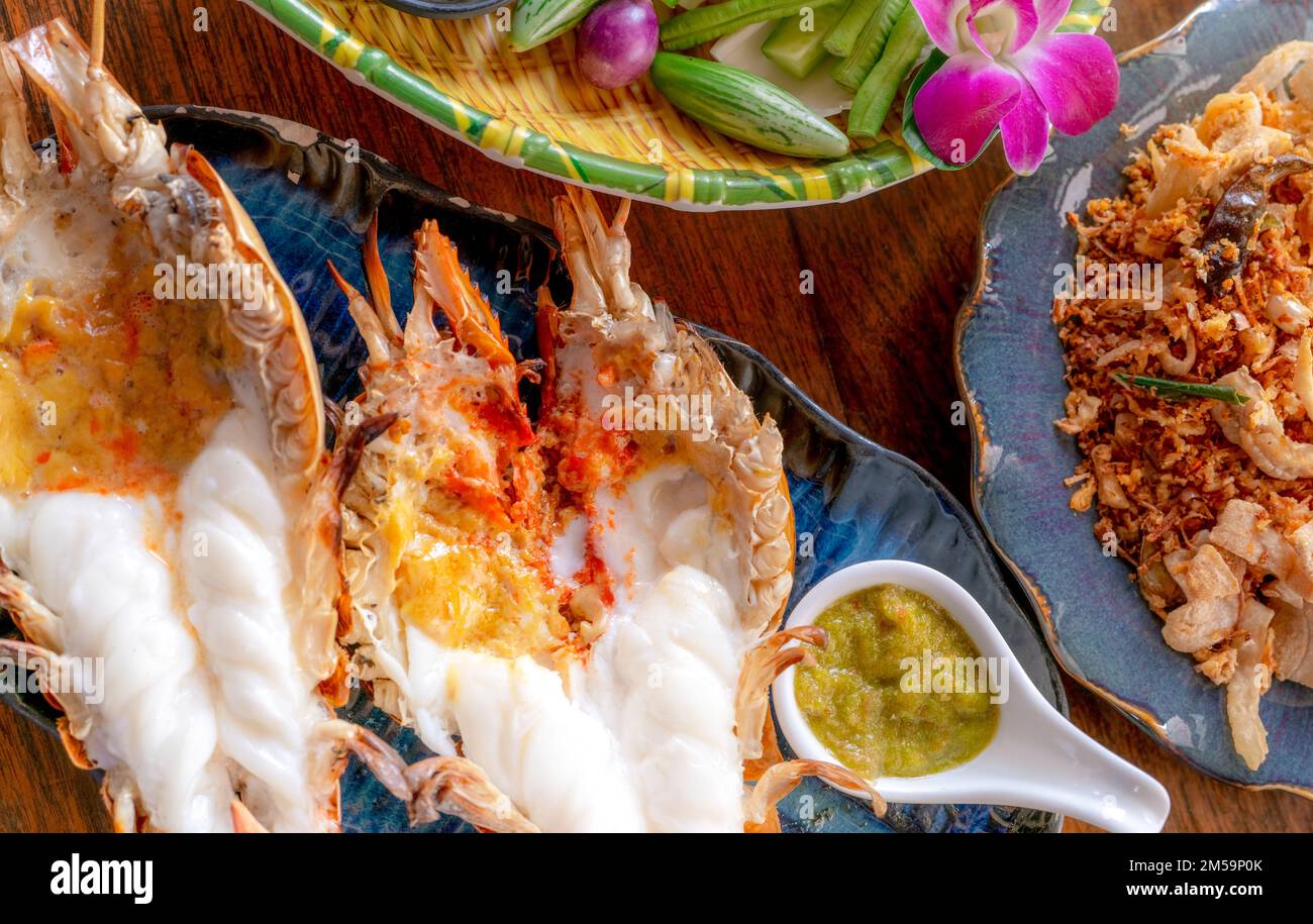 Grilled giant river prawn in a Thai luxury restaurant. Seafood in ...