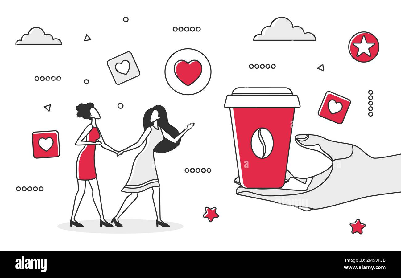 Friends coffee break meeting. Outdoor relaxing activity, business lunch ...