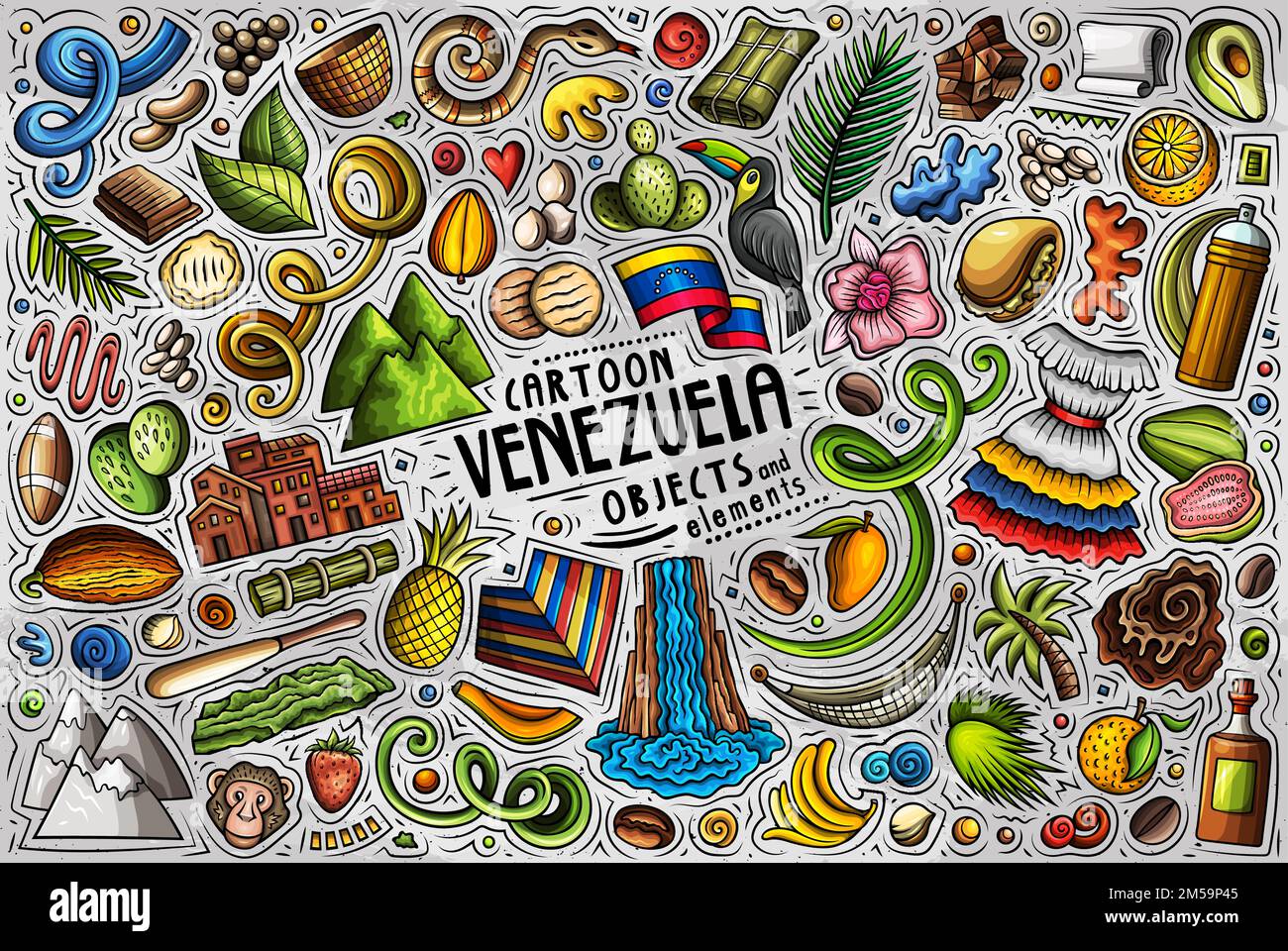 Cartoon vector doodle set of Venezuela traditional symbols, items and ...