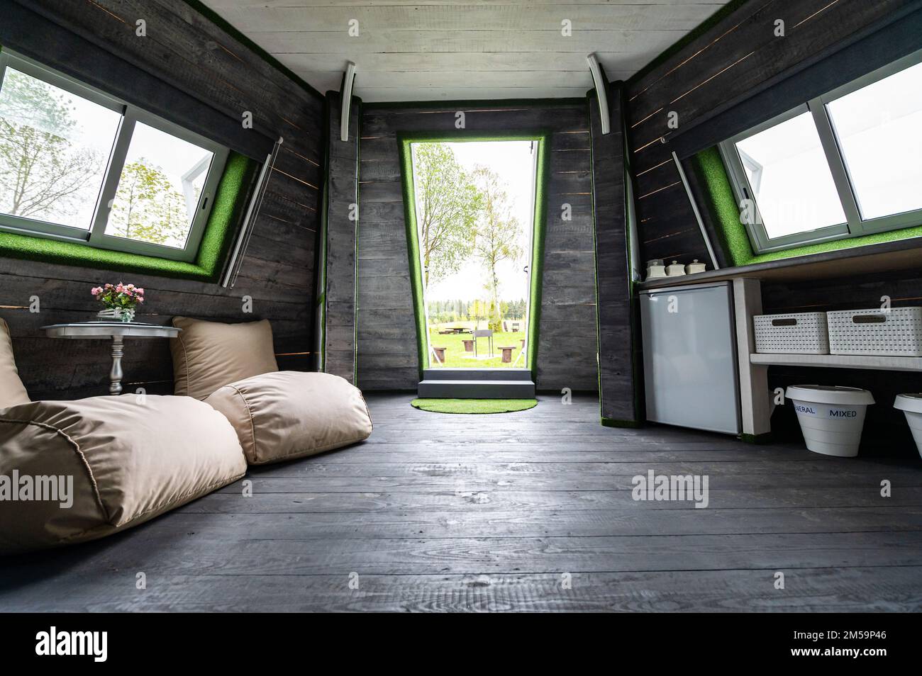 Wooden interior design. Living room of summer house. Pyramid shape ...