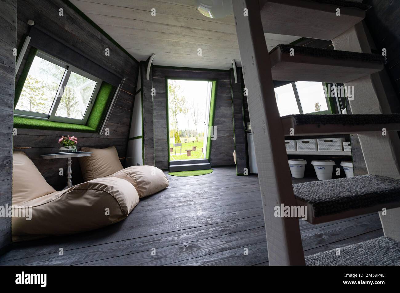 Wooden interior design. Living room of summer house. Pyramid shape ...