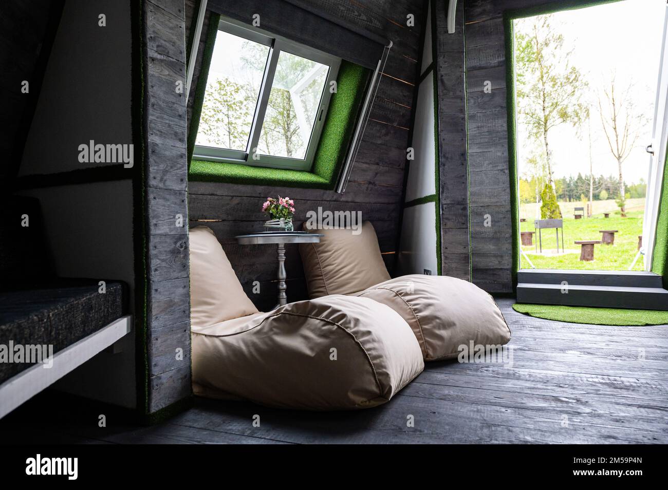 Wooden interior design. Living room of summer house. Pyramid shape ...