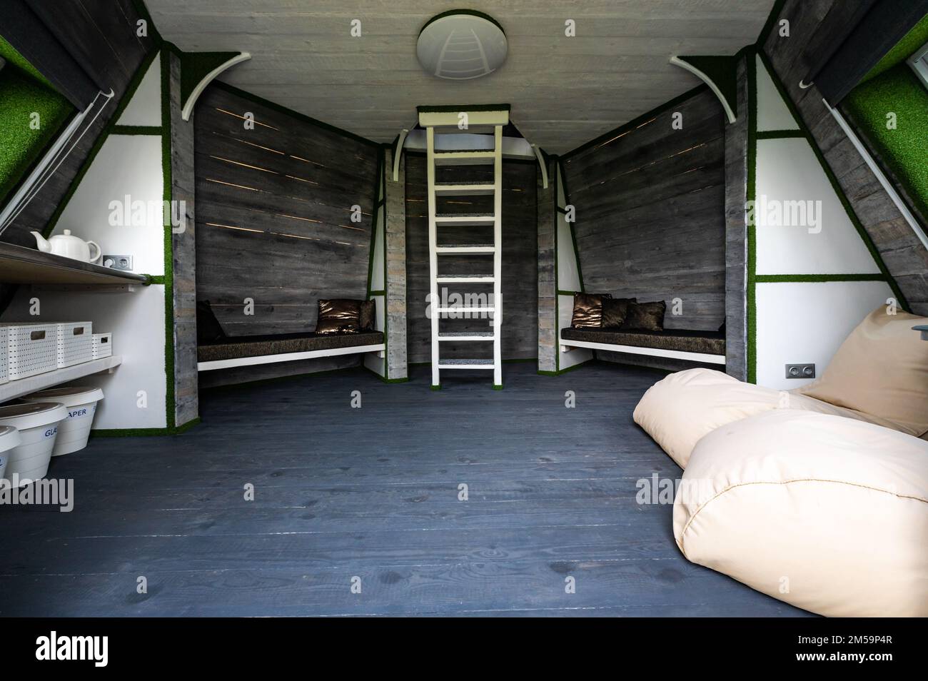 Wooden interior design. Living room of summer house. Pyramid shape ...