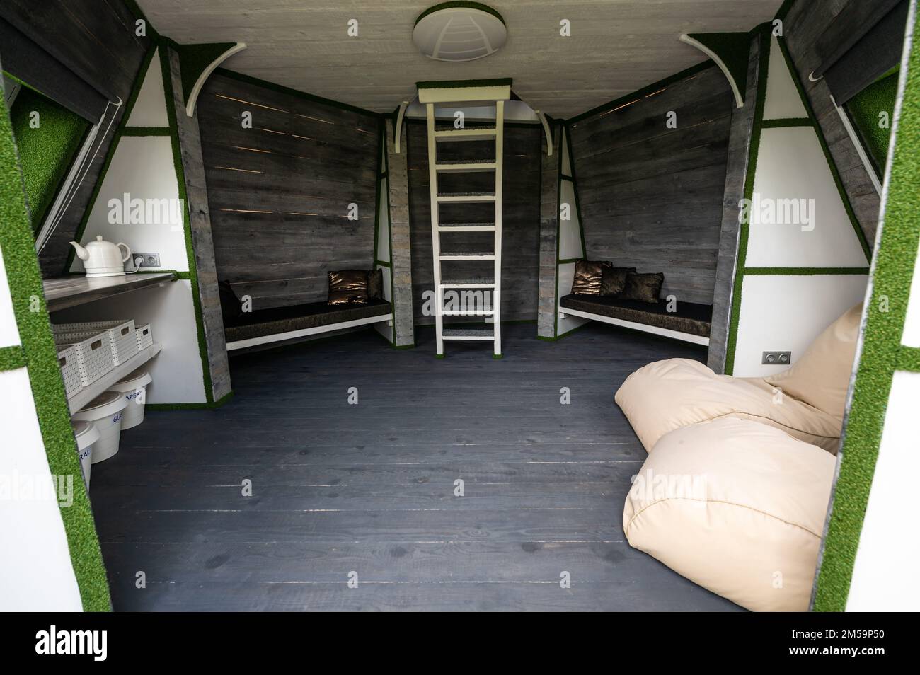 Wooden interior design. Living room of summer house. Pyramid shape ...