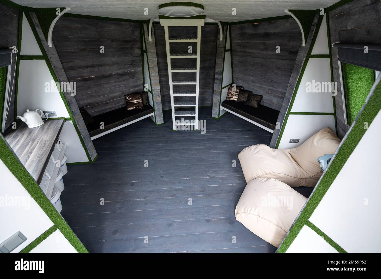 Wooden interior design. Living room of summer house. Pyramid shape ...