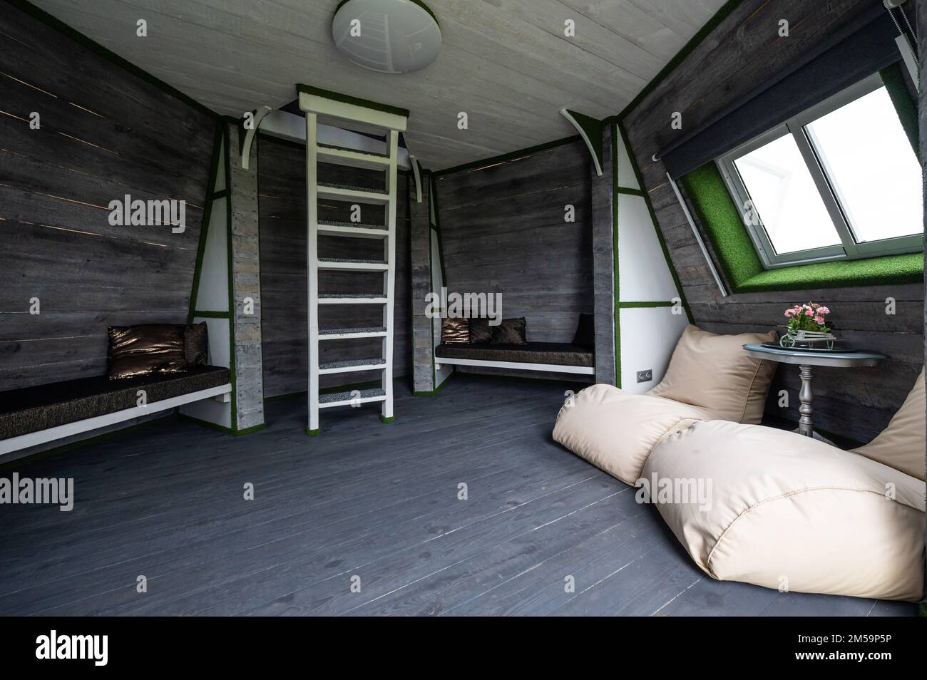 Wooden interior design. Living room of summer house. Pyramid shape ...