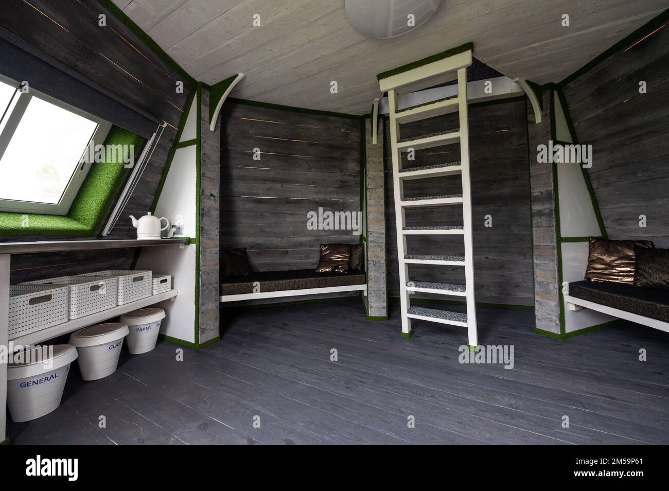 Wooden interior design. Living room of summer house. Pyramid shape ...