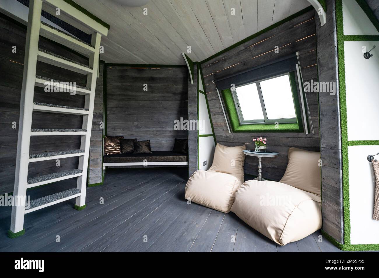 Wooden interior design. Living room of summer house. Pyramid shape ...