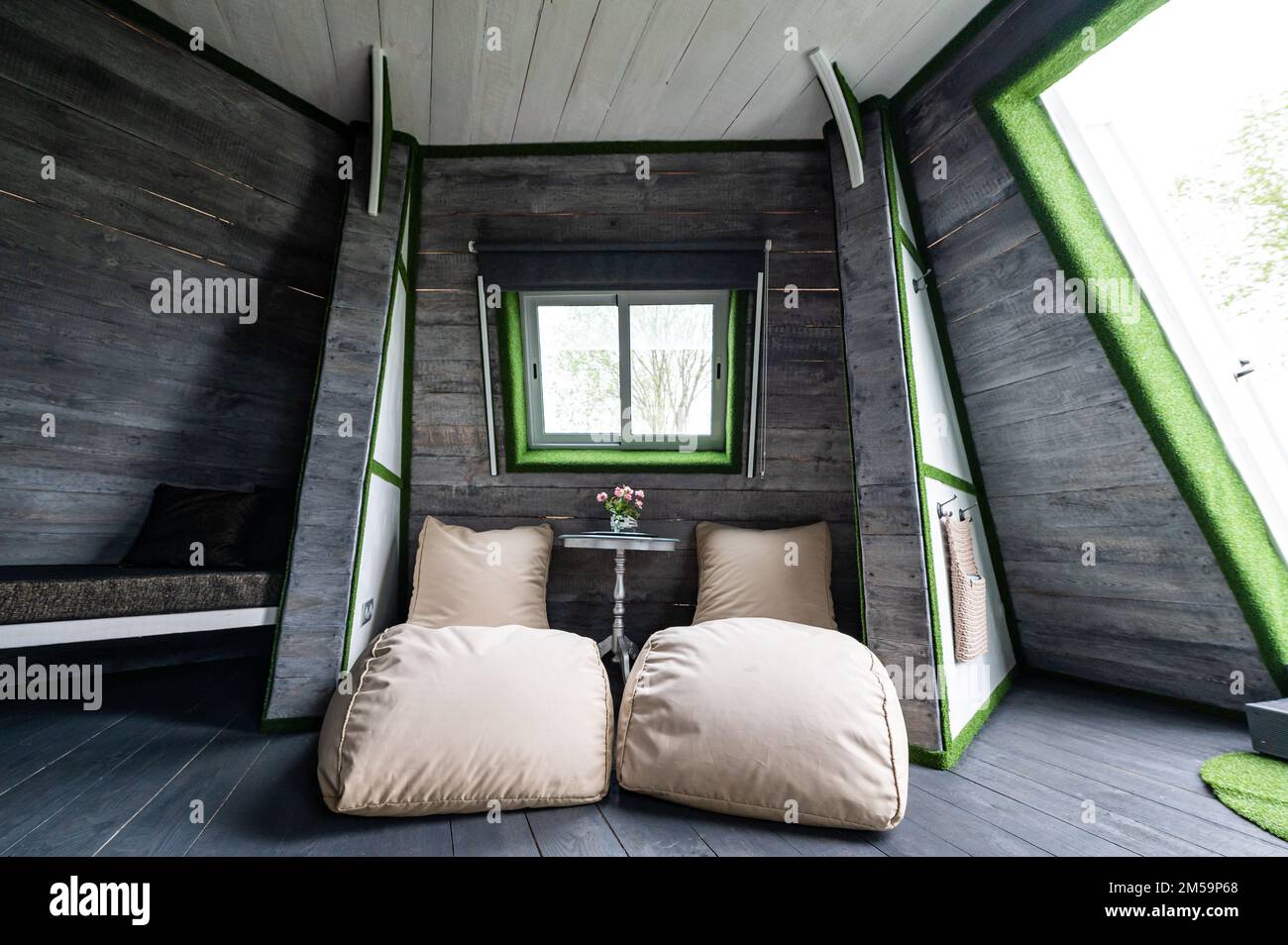 Wooden interior design. Living room of summer house. Pyramid shape ...