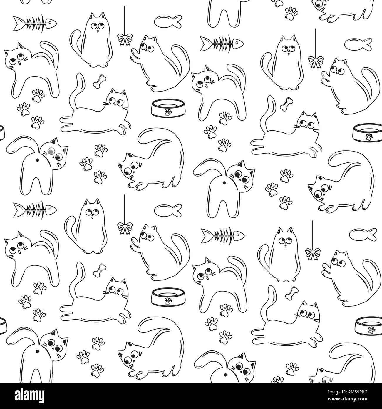 Cute Cartoon Cat Vector Icons, Seamless Pattern And Background Stock ...