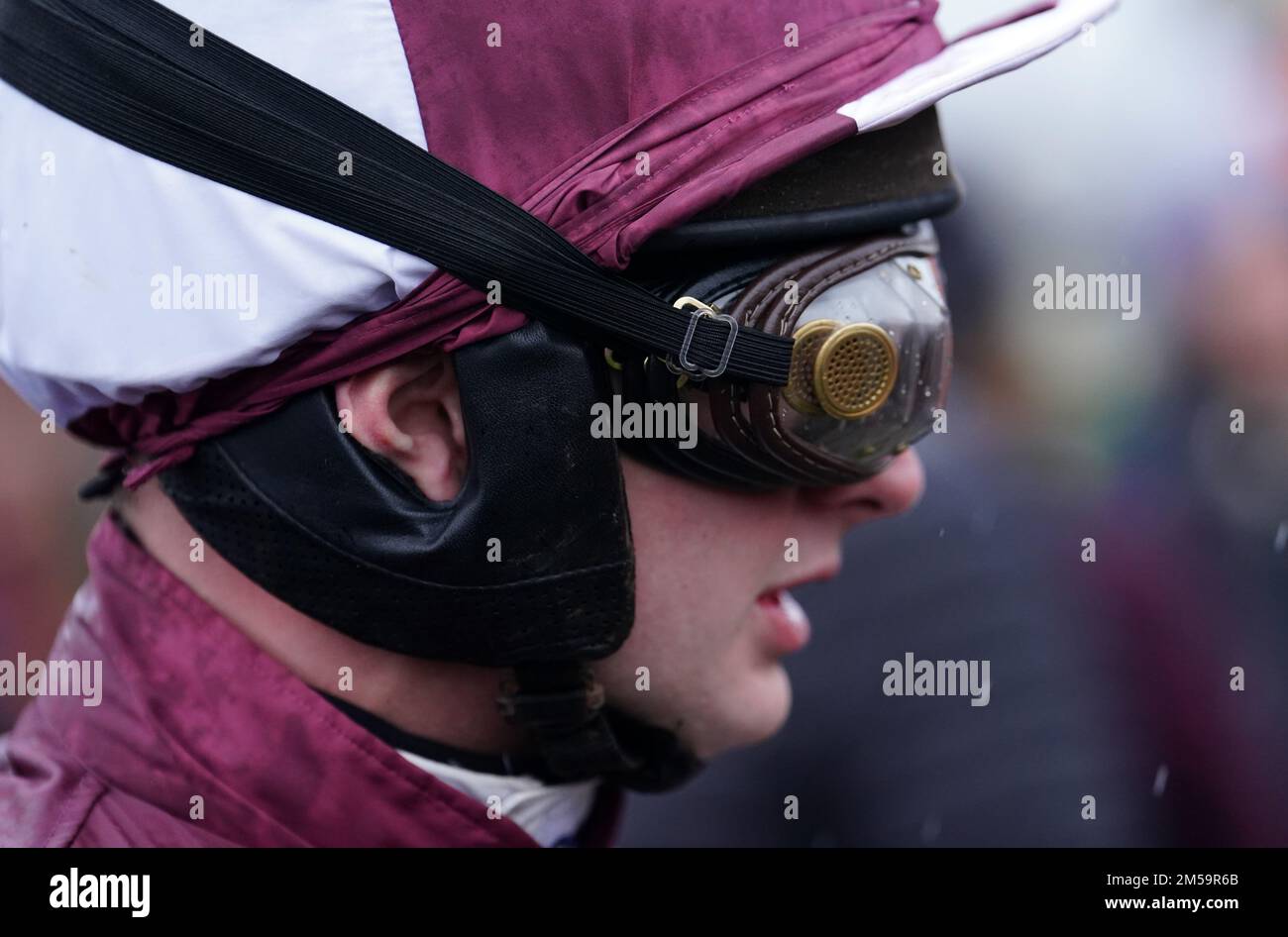 Jockey Sean Bowen with 3 pars of goggles on during the Coral Welsh ...