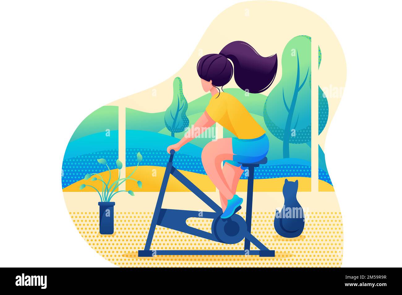 Young girl plays sports at home. Home training. Flat 2D character ...