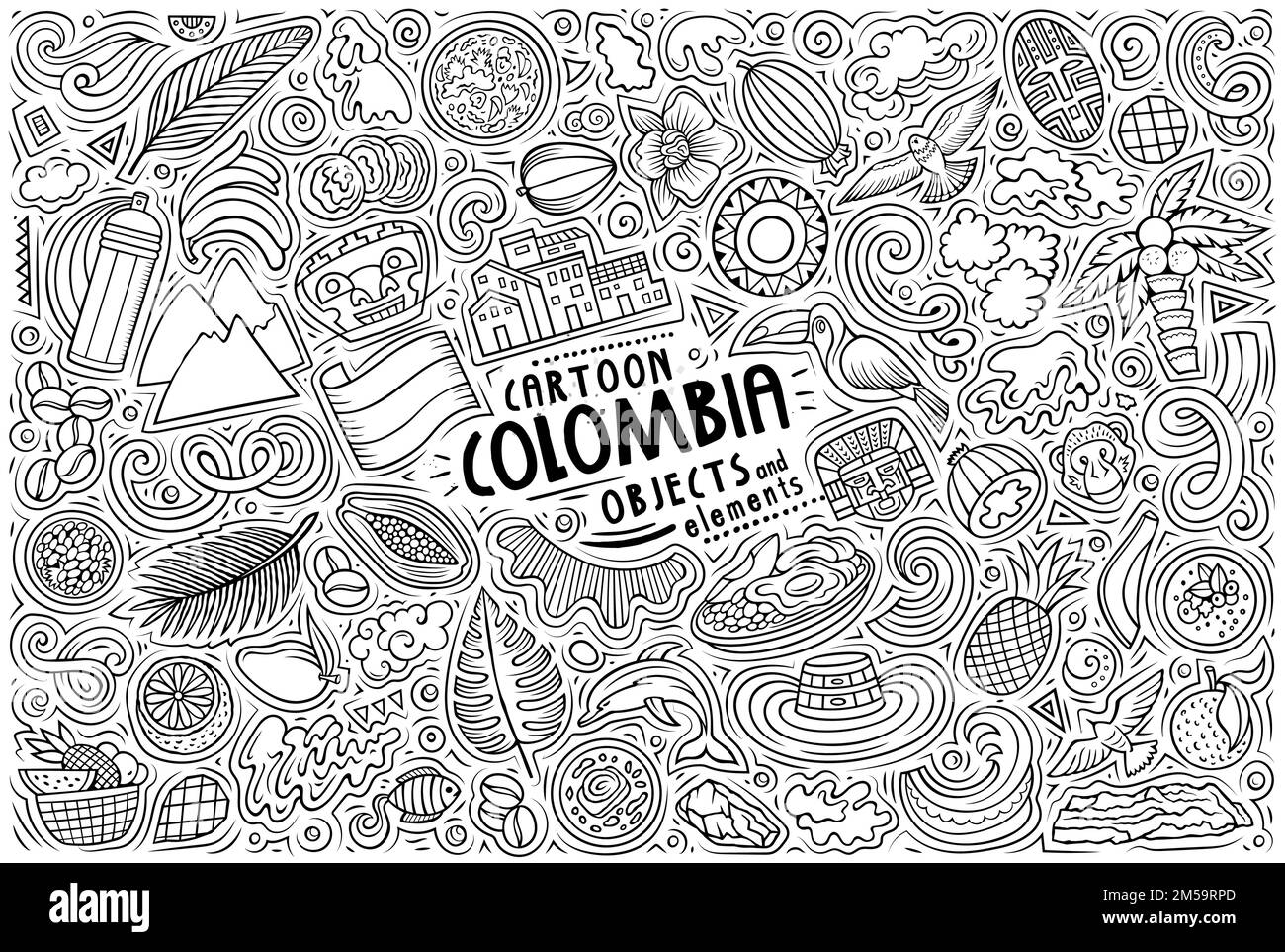 Cartoon vector doodle set of Colombia traditional symbols, items and ...
