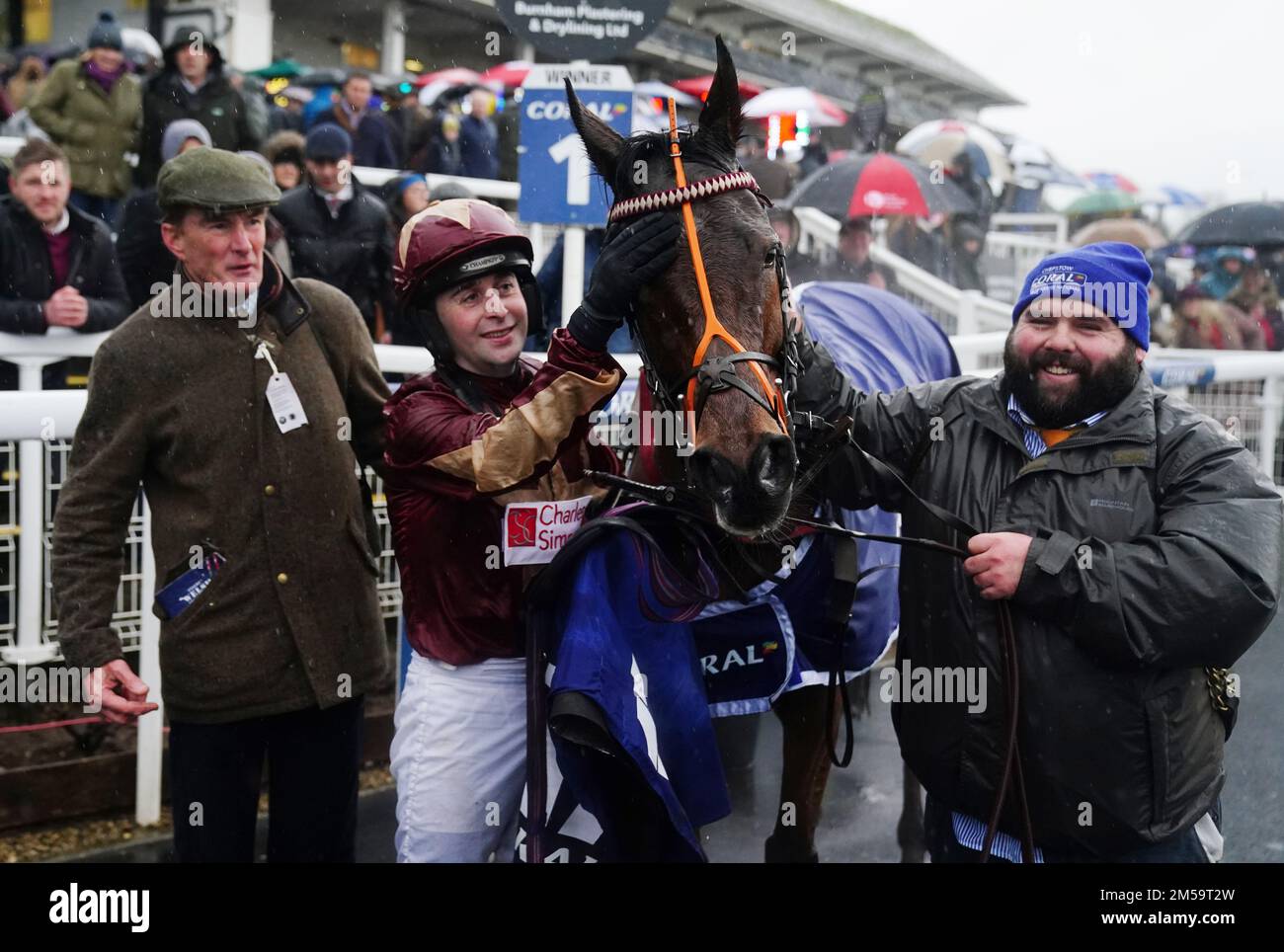 The Two Amigos and jockey David Prichard after winning the Coral Welsh ...