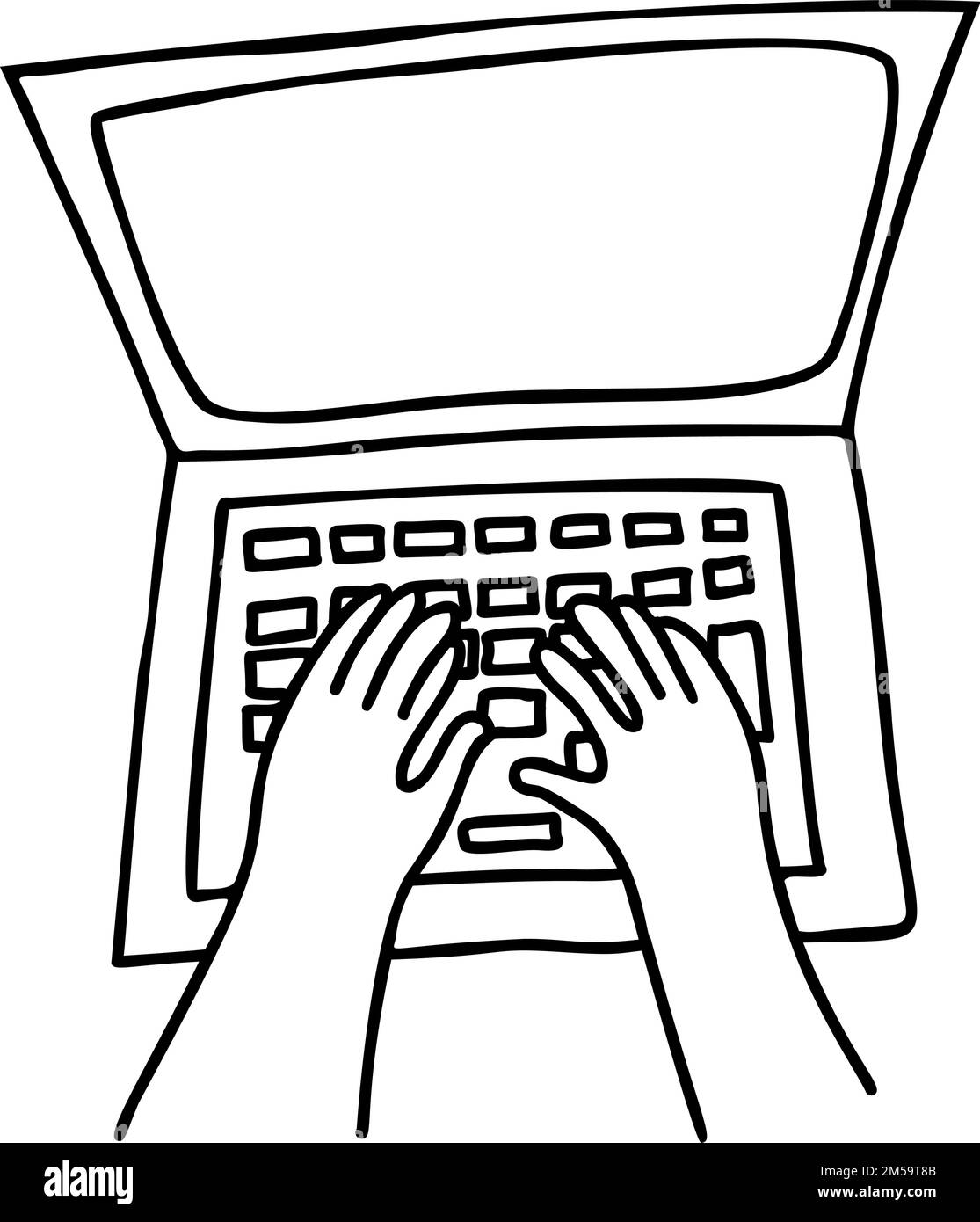Hands typing on laptop keyboard. Vector illustration in doodle style ...