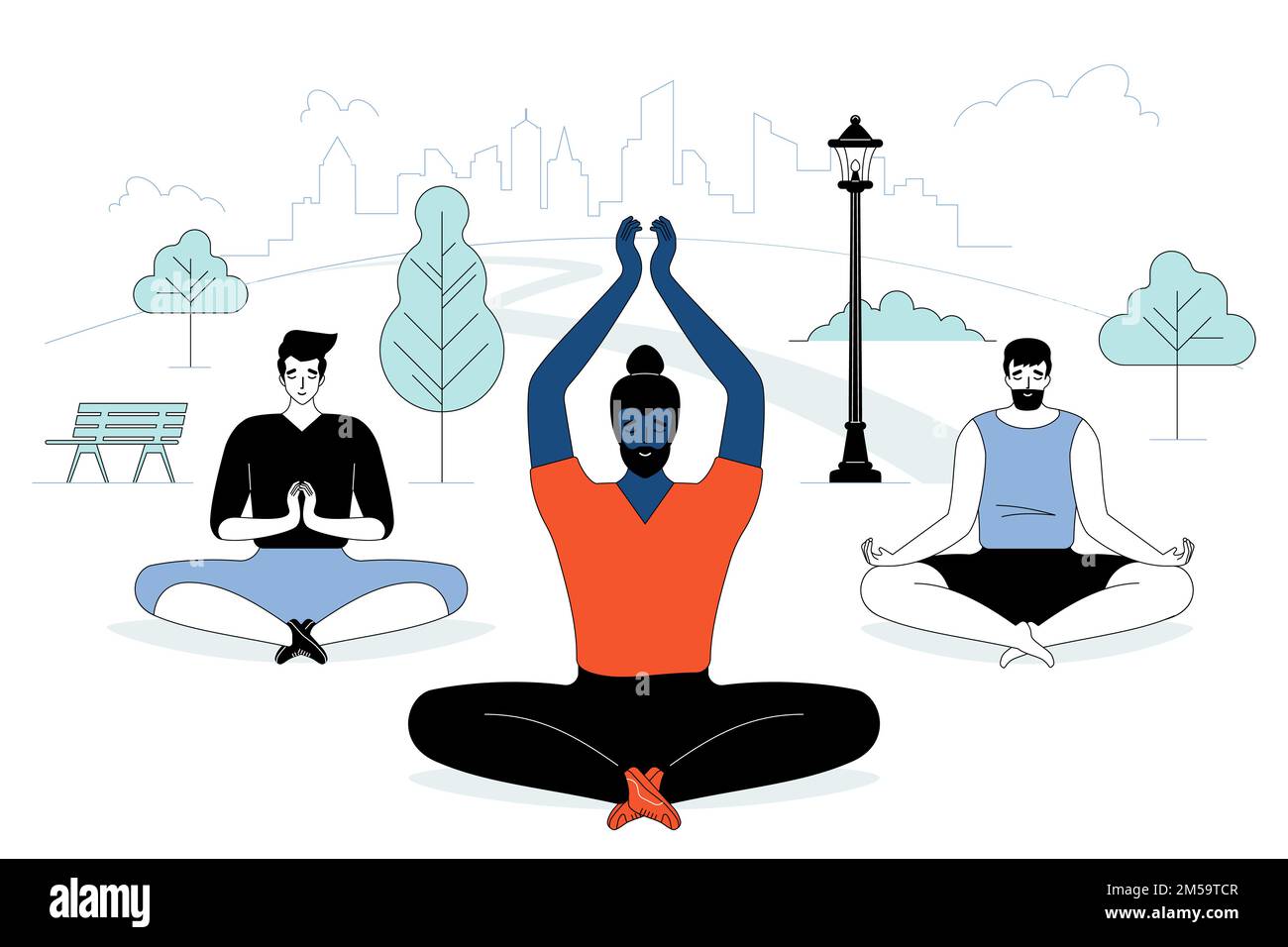 Outdoor yoga class flat vector illustration. Young men in sportswear ...