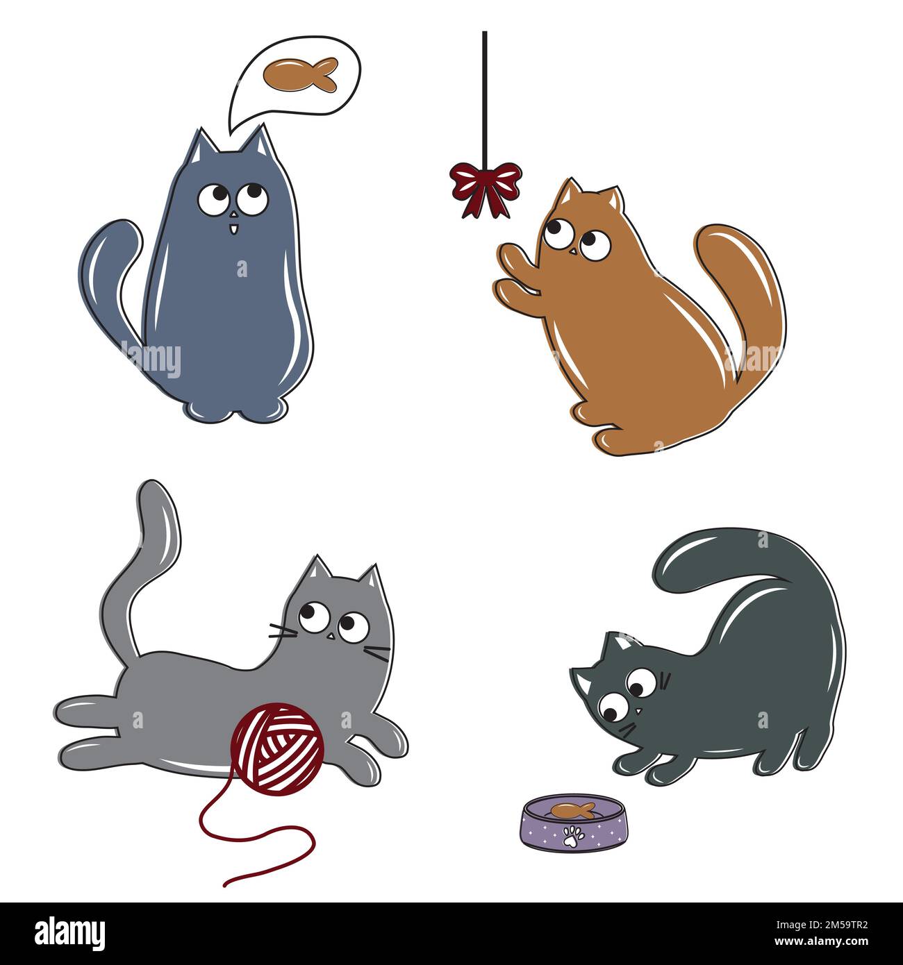 A set of cute colored cat characters with a black outline, doodle style ...