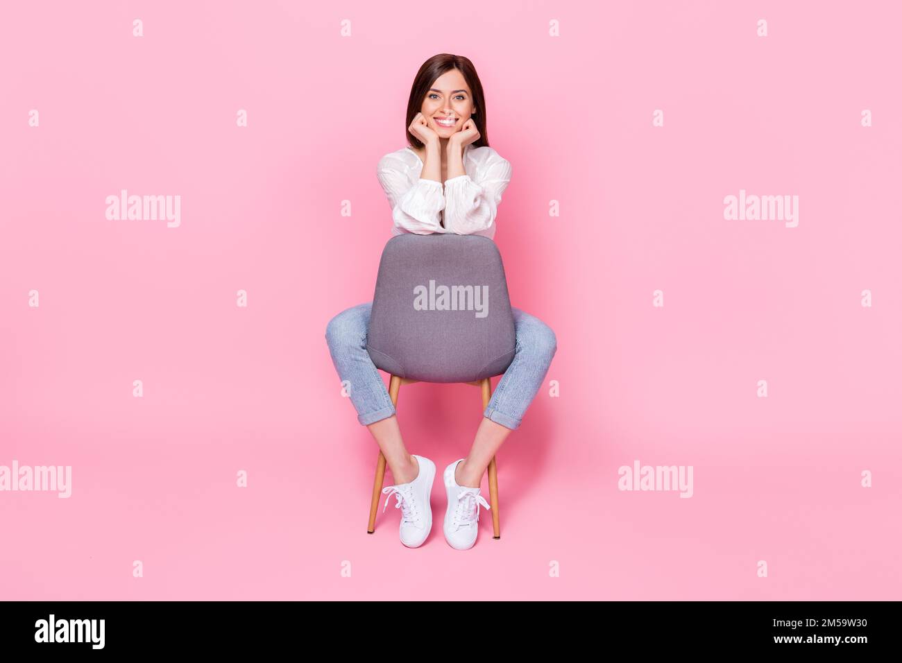 Full length photo of pretty adorable lady sit stool listen colleague ...