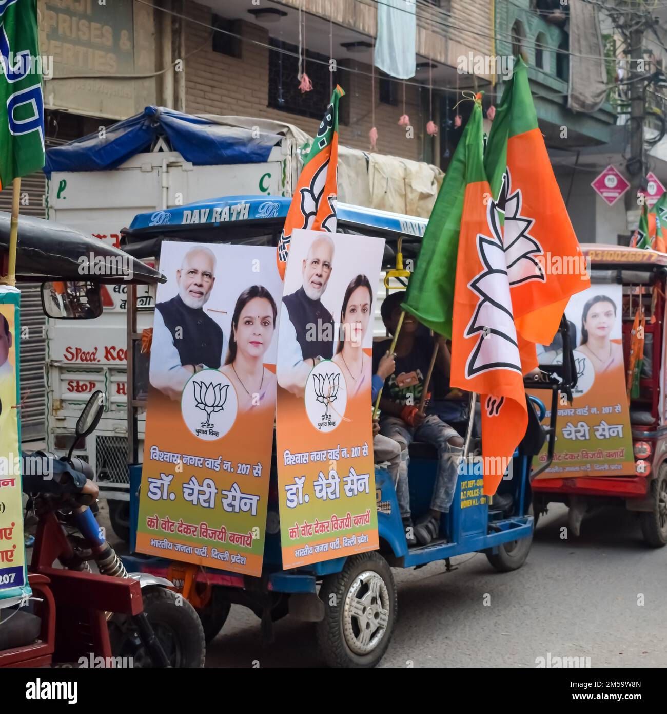 Delhi, India, December 02 2022 -Bharatiya Janata Party (BJP) supporter ...