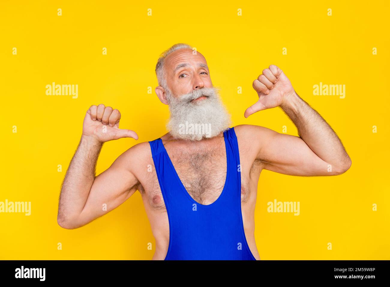 Portrait Of Confident Arrogant Aged Man Direct Thumb Fingers Self