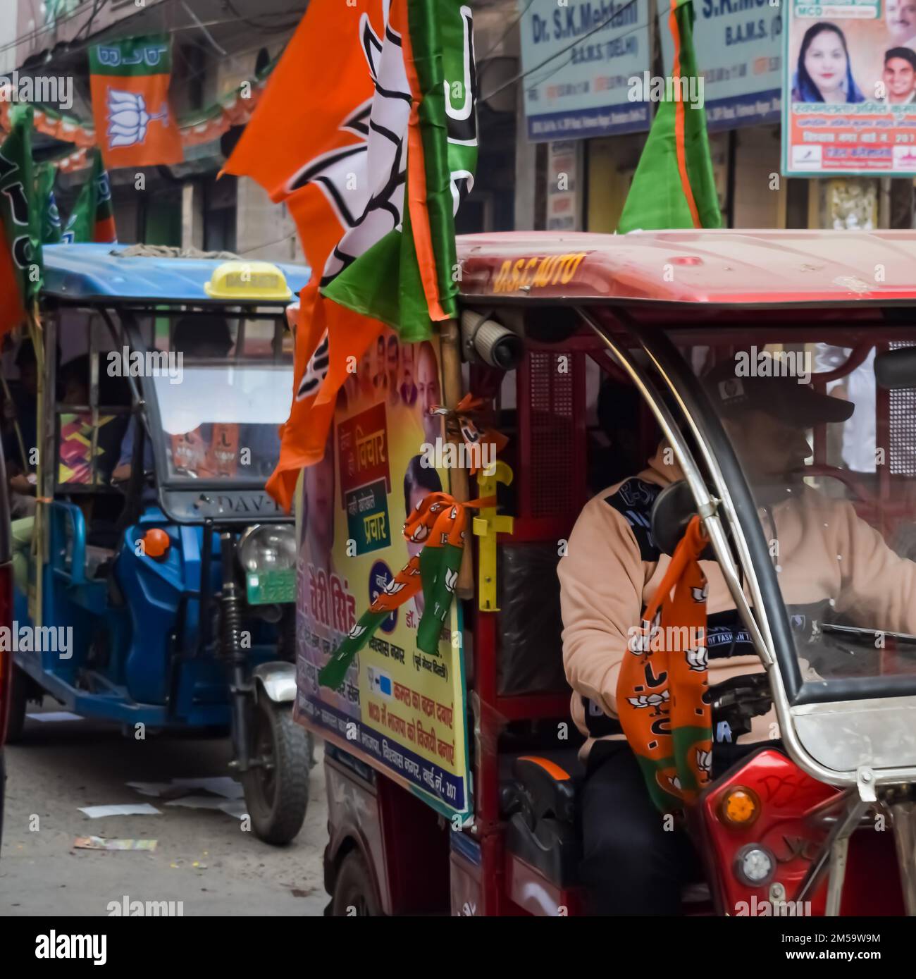 Delhi, India, December 02 2022 -Bharatiya Janata Party (BJP) supporter ...