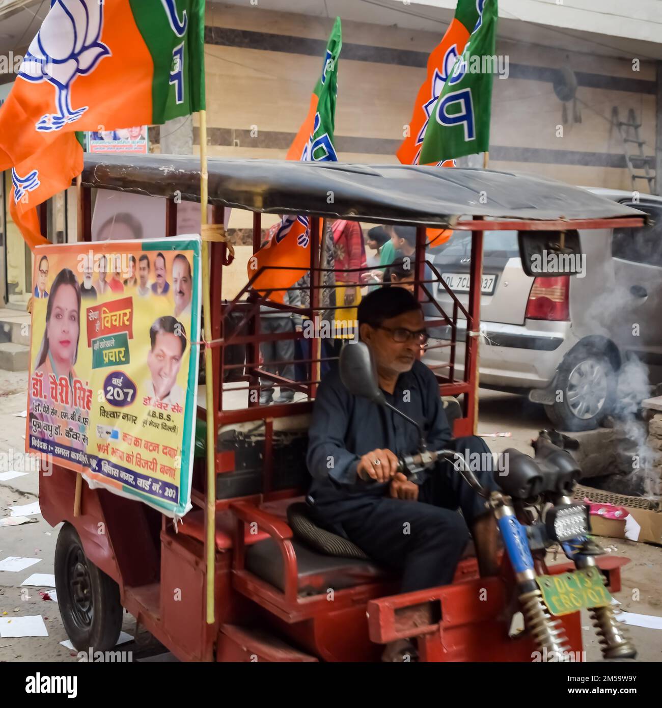 Delhi, India, December 02 2022 -Bharatiya Janata Party (BJP) supporter ...