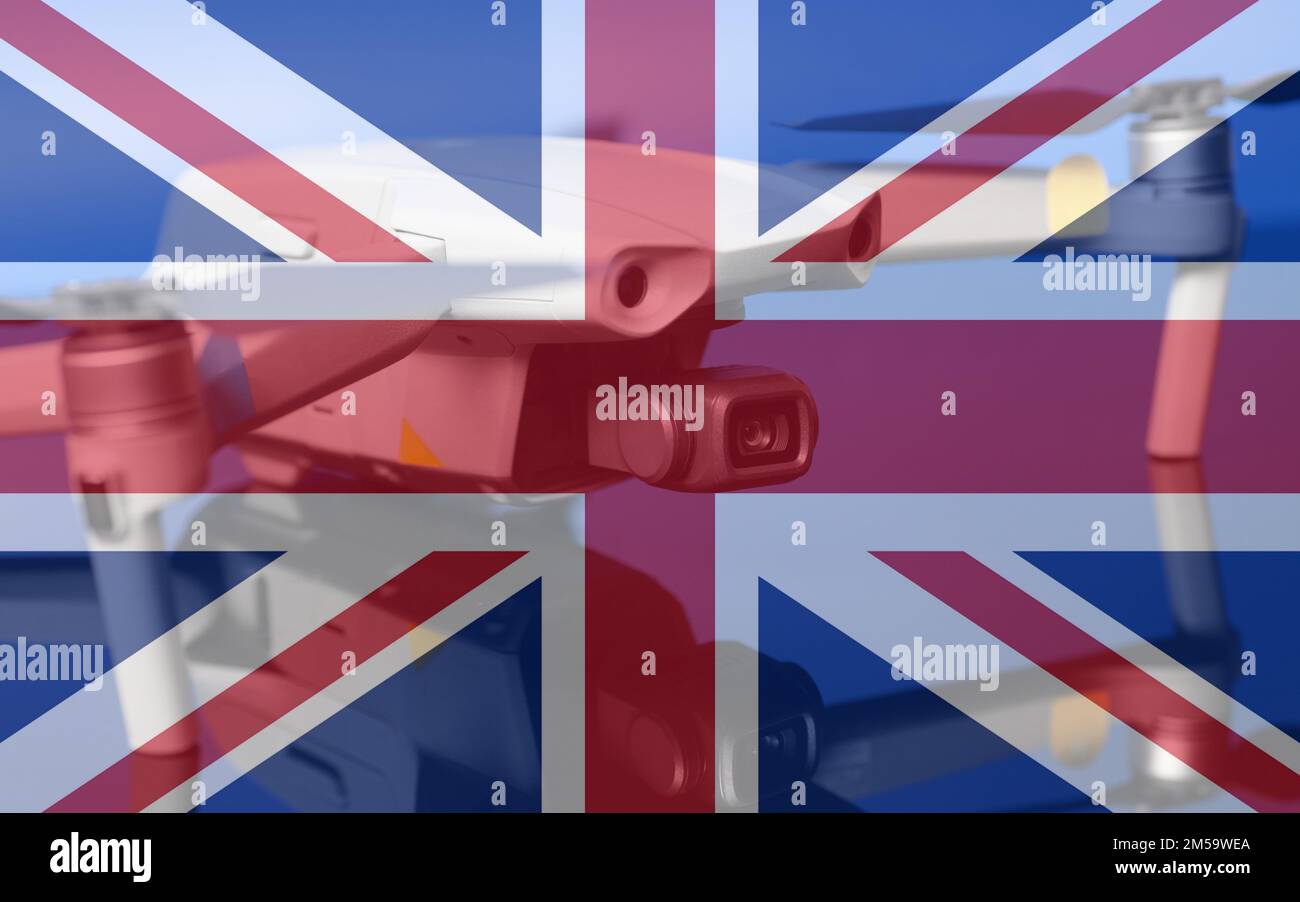 Double exposure of British Flag and quadcopter drone aerial camera ...