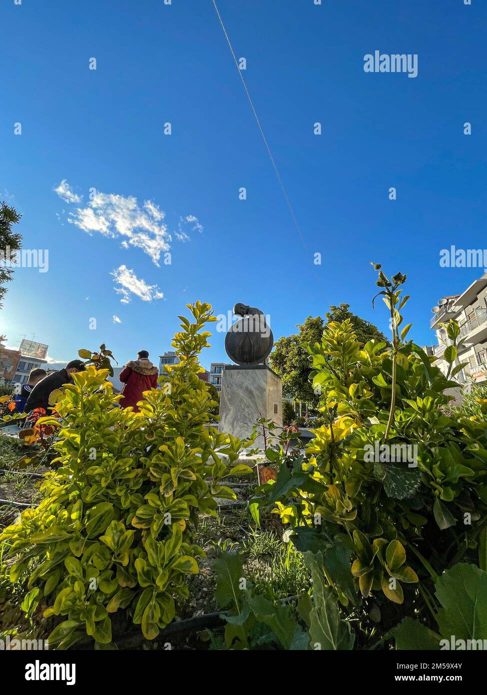 Sculpture of a Spartan warrior in the center of the historical Greek ...