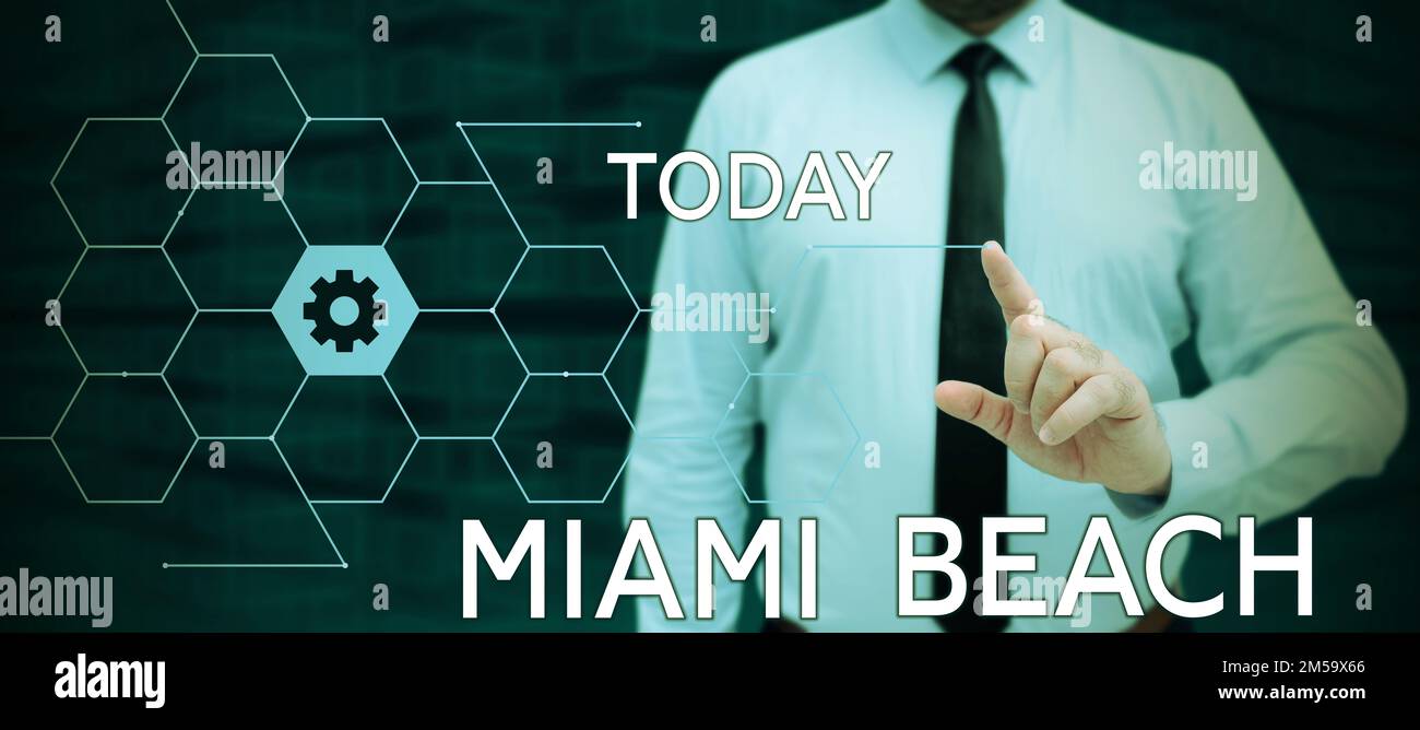 Sign displaying Miami Beach. Concept meaning the coastal resort city in ...