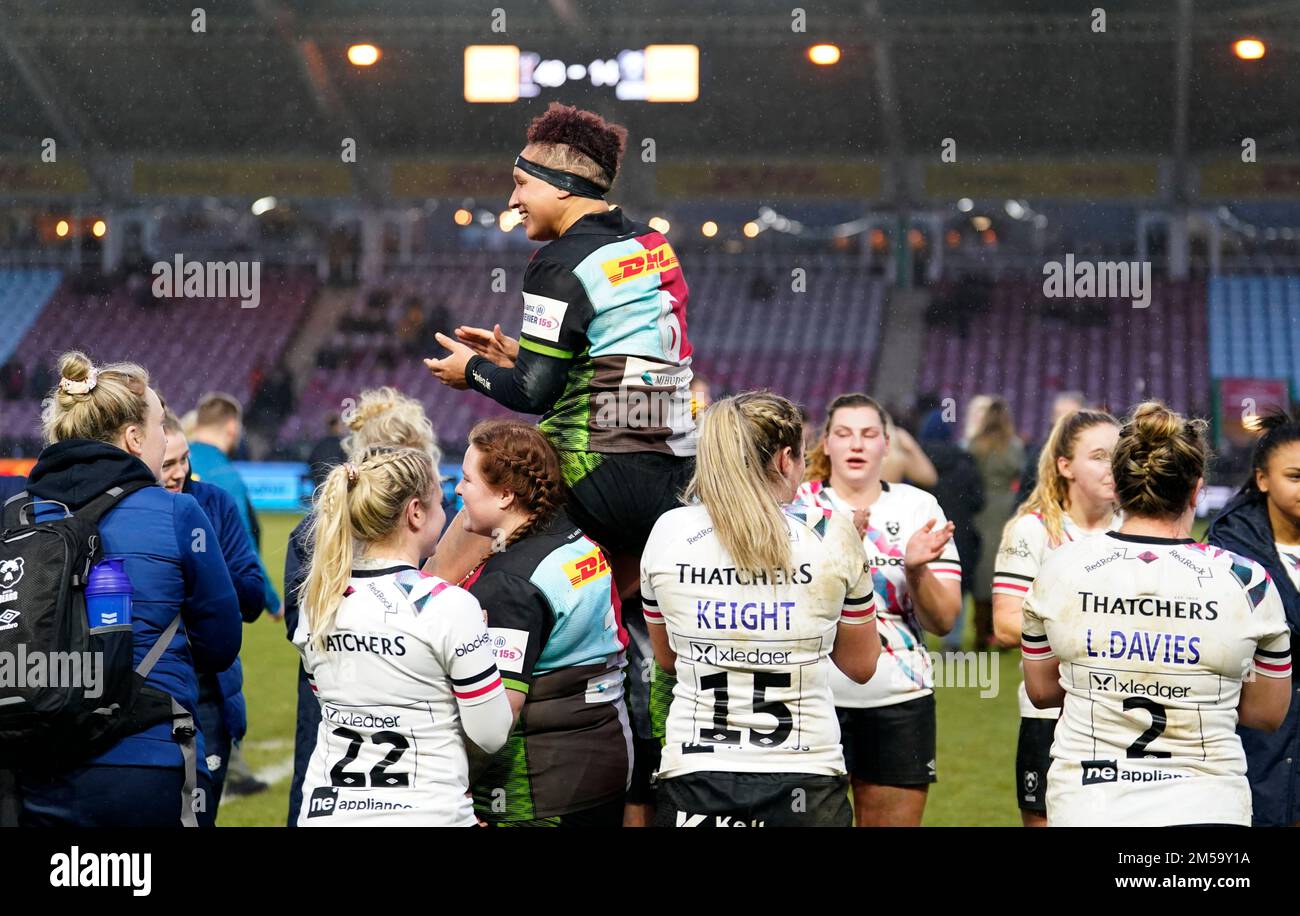 Harlequins' Shaunagh Brown is held aloft by her team mates after the ...