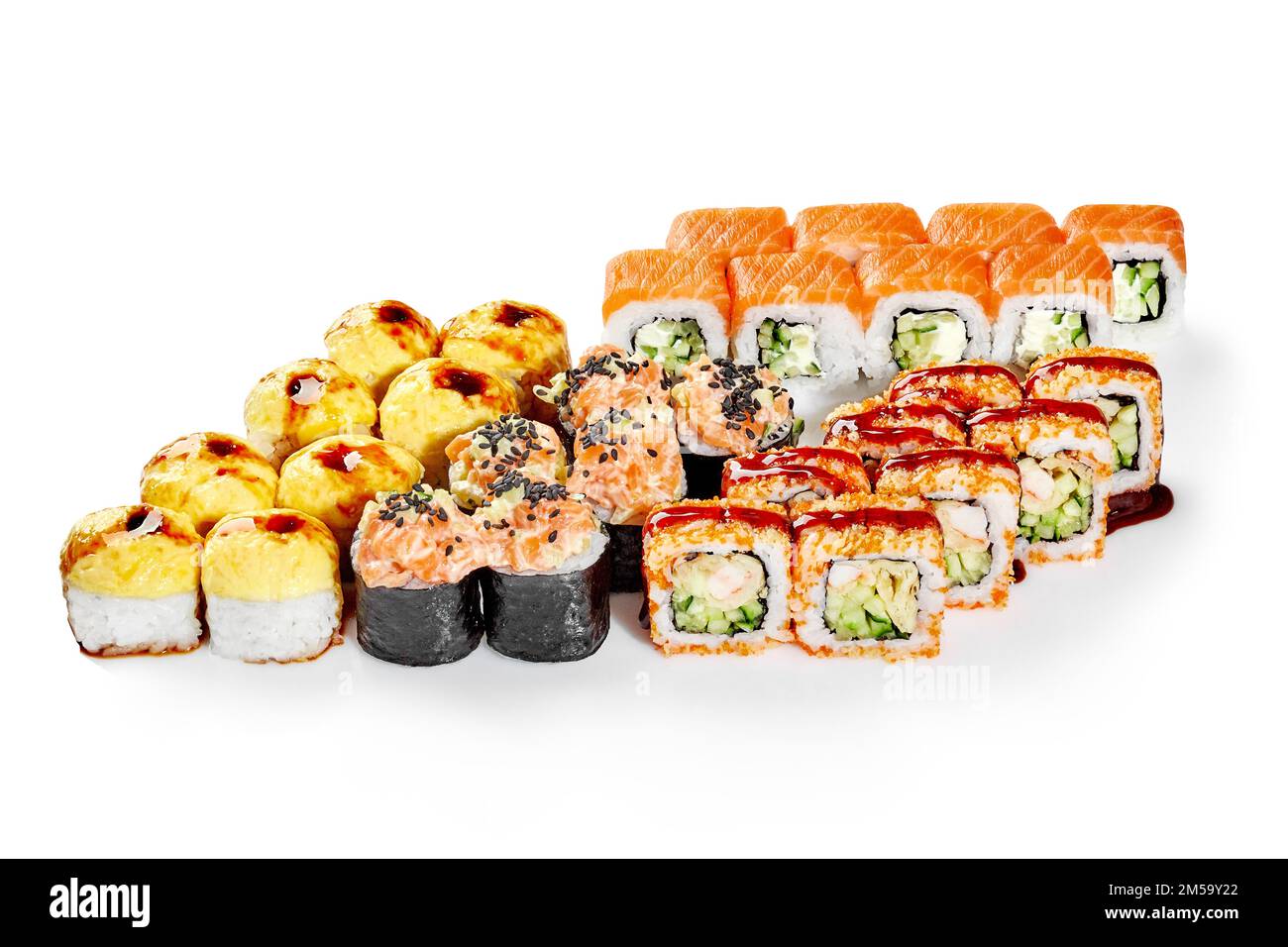 Sushi set of felix salmon and baked cheese rolls, uramaki and ...