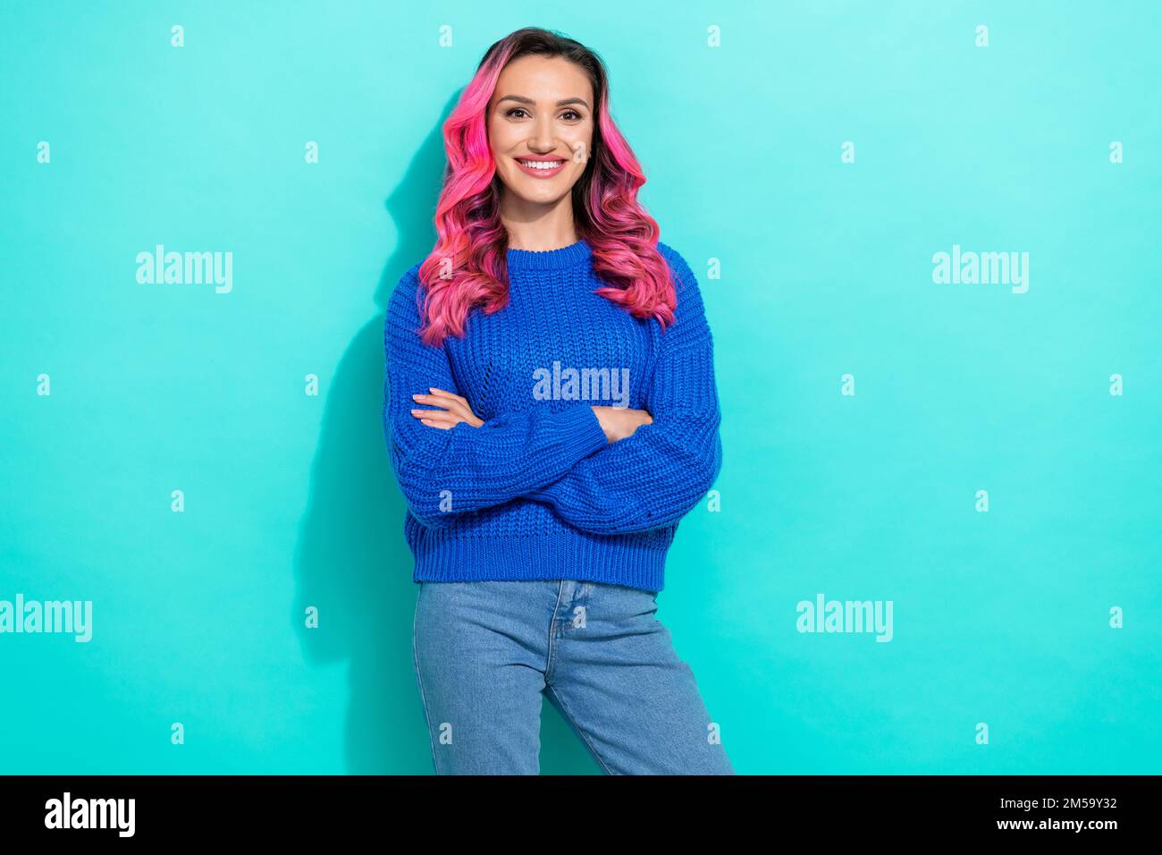 Portrait of nice cute shiny woman with wavy hairstyle wear knit ...