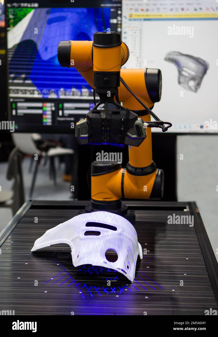Automated 3D measurement. Robot perform 3D scan on workpiece. Industrial manufacture Stock Photo ...