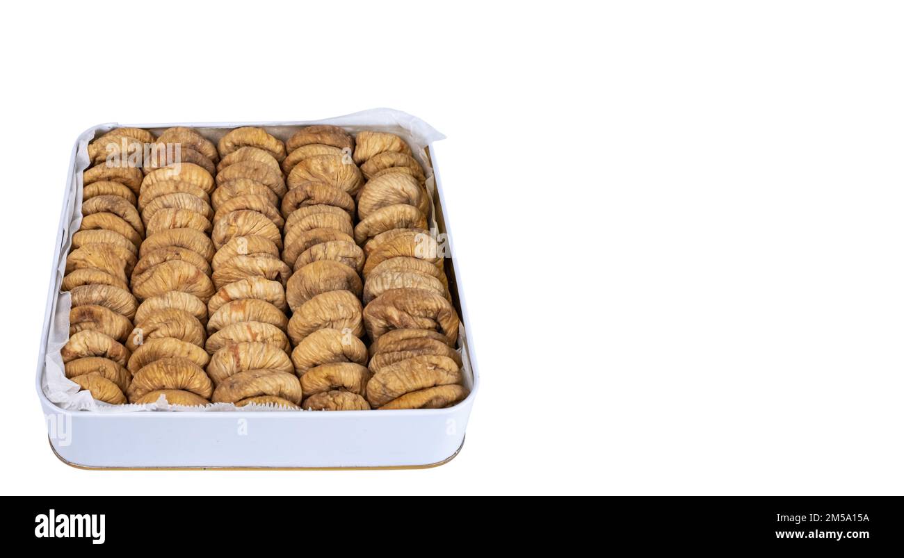 Top view dried figs isolated on white background. Fig inside a box ...