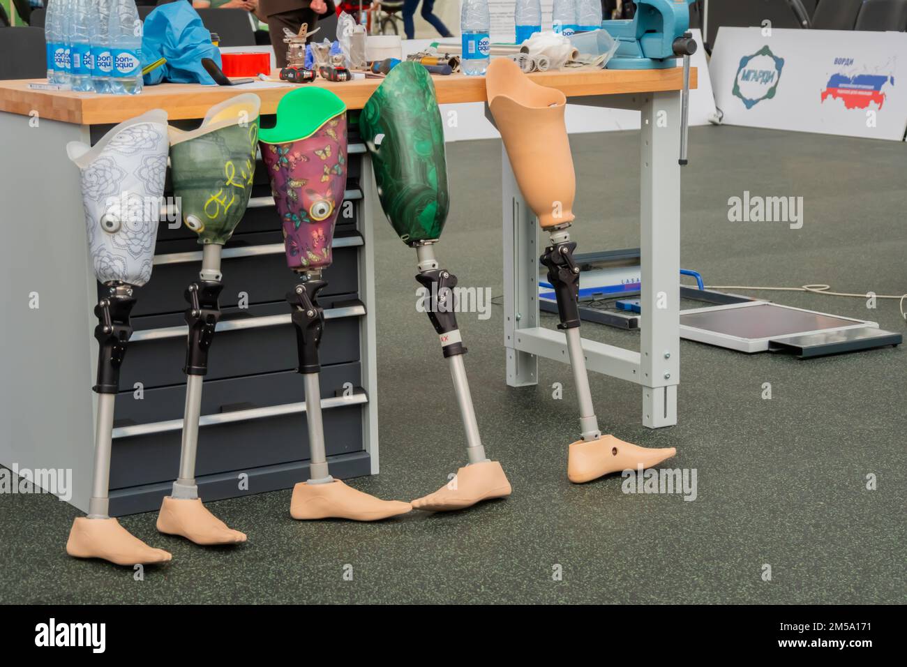 Row of modern prosthetic legs at medical exhibition Stock Photo - Alamy